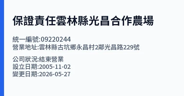 保證責任雲林縣光昌合作農場的照片-統編 09220244(雲林縣) 公司登記資料與營業項目詳細圖表