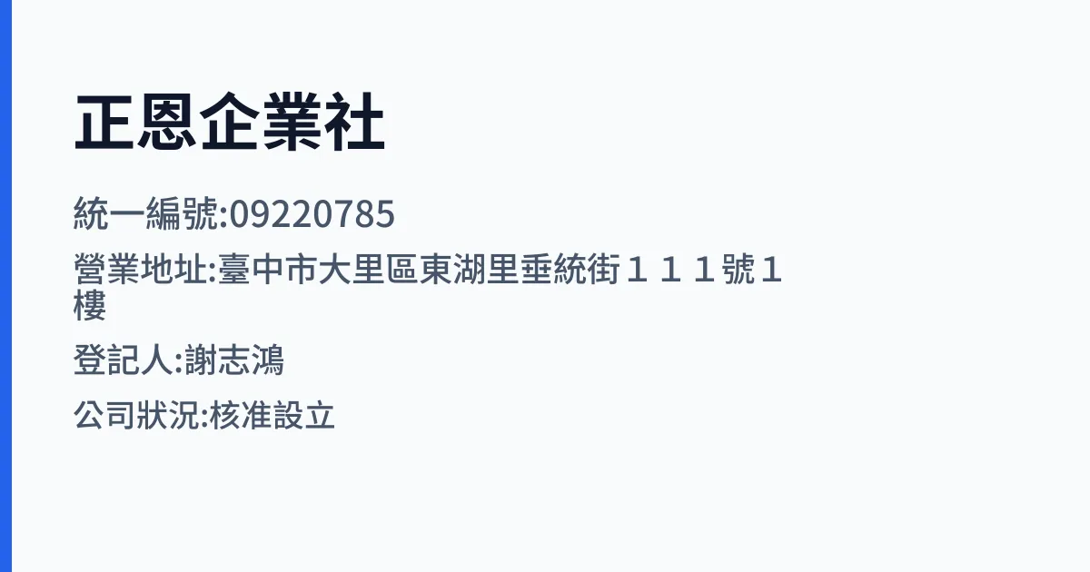 正恩企業社 - 統編 09220785(臺中市) 公司登記資料與營業項目詳細圖表