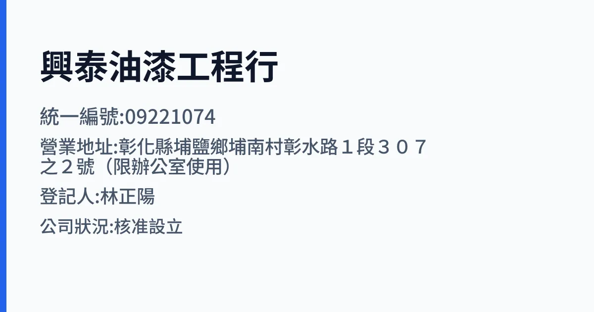 興泰油漆工程行 - 統編 09221074(彰化縣) 公司登記資料與營業項目詳細圖表