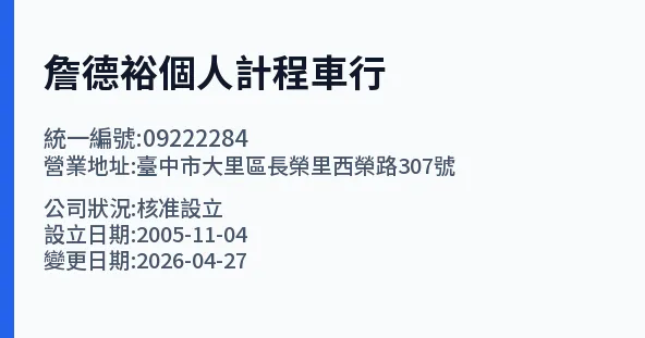 詹德裕個人計程車行的照片-統編 09222284(臺中市) 公司登記資料與營業項目詳細圖表