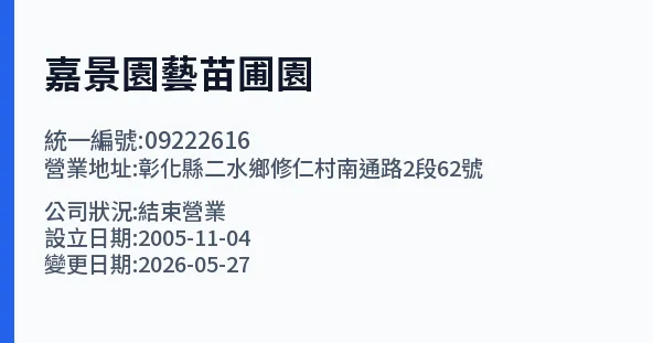 嘉景園藝苗圃園的照片-統編 09222616(彰化縣) 公司登記資料與營業項目詳細圖表