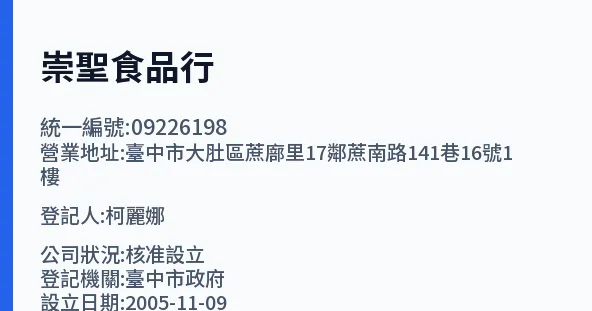 崇聖食品行的照片-統編 09226198(臺中市) 公司登記資料與營業項目詳細圖表
