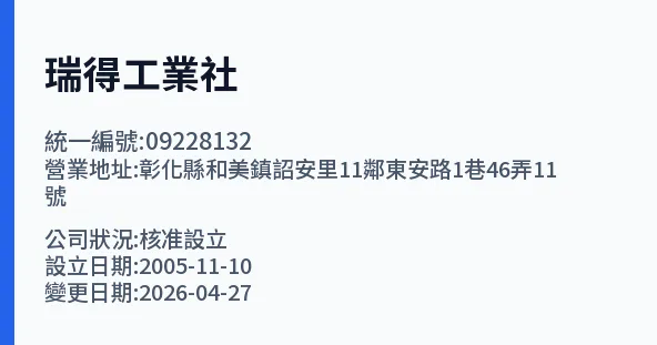 瑞得工業社的照片-統編 09228132(彰化縣) 公司登記資料與營業項目詳細圖表