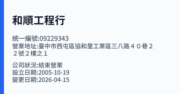 和順工程行的照片-統編 09229343(臺中市) 公司登記資料與營業項目詳細圖表