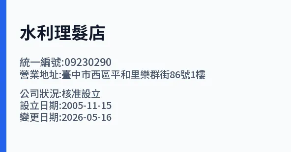 水利理髮店的照片-統編 09230290(臺中市) 公司登記資料與營業項目詳細圖表