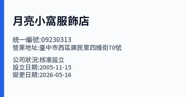 月亮小窩服飾店的照片-統編 09230313(臺中市) 公司登記資料與營業項目詳細圖表
