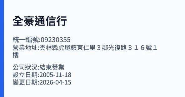 全豪通信行的照片-統編 09230355(雲林縣) 公司登記資料與營業項目詳細圖表