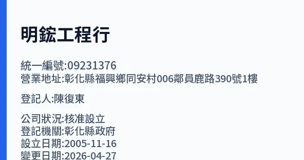 明鋐工程行的照片-統編 09231376(彰化縣) 公司登記資料與營業項目詳細圖表