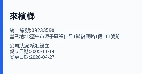 來檳榔的照片-統編 09233590(臺中市) 公司登記資料與營業項目詳細圖表