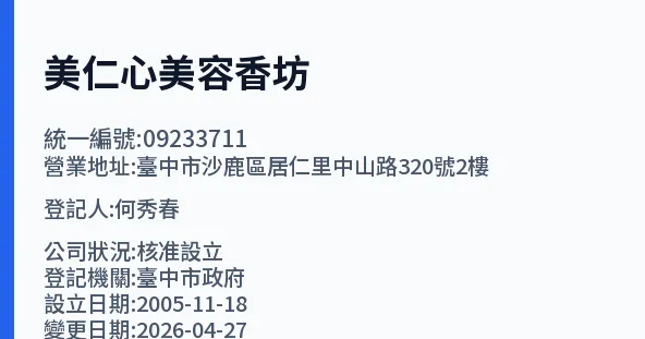 美仁心美容香坊的照片-統編 09233711(臺中市) 公司登記資料與營業項目詳細圖表