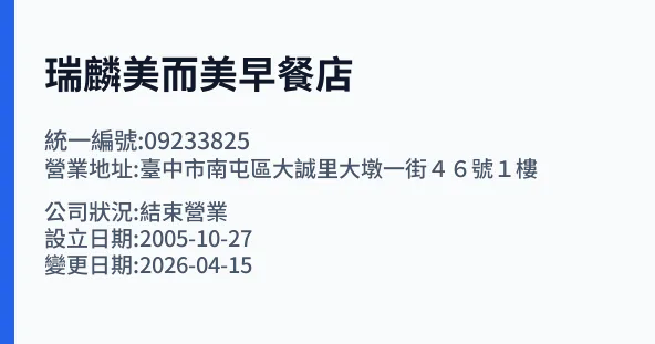 瑞麟美而美早餐店的照片-統編 09233825(臺中市) 公司登記資料與營業項目詳細圖表