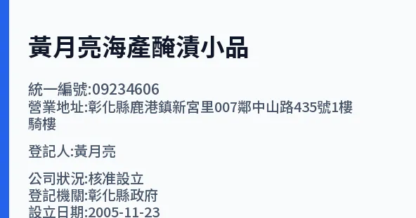 黃月亮海產醃漬小品的照片-統編 09234606(彰化縣) 公司登記資料與營業項目詳細圖表