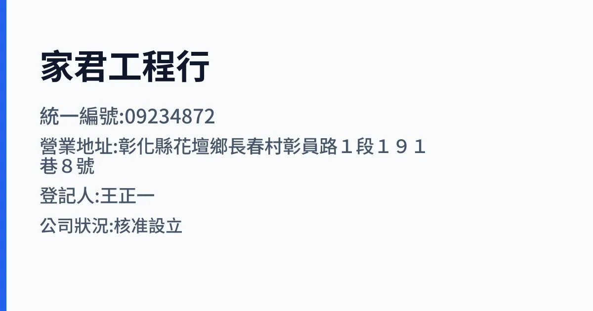 家君工程行 - 統編 09234872(彰化縣) 公司登記資料與營業項目詳細圖表