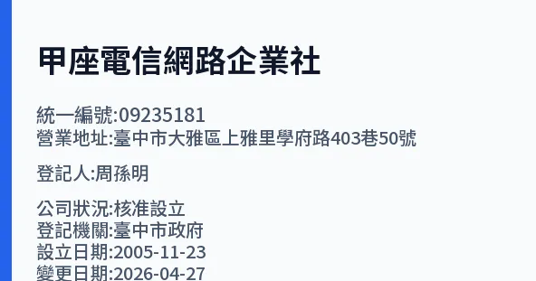 甲座電信網路企業社的照片-統編 09235181(臺中市) 公司登記資料與營業項目詳細圖表