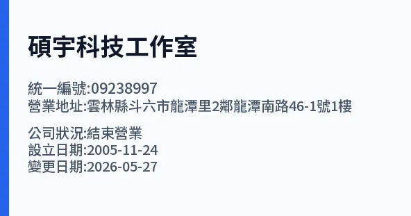 碩宇科技工作室的照片-統編 09238997(雲林縣) 公司登記資料與營業項目詳細圖表