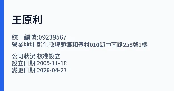 王原利的照片-統編 09239567(彰化縣) 公司登記資料與營業項目詳細圖表