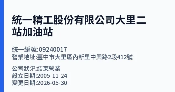 統一精工股份有限公司大里二站加油站的照片-統編 09240017(臺中市) 公司登記資料與營業項目詳細圖表