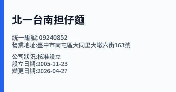 北一台南担仔麵的照片-統編 09240852(臺中市) 公司登記資料與營業項目詳細圖表
