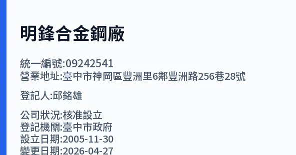明鋒合金鋼廠的照片-統編 09242541(臺中市) 公司登記資料與營業項目詳細圖表