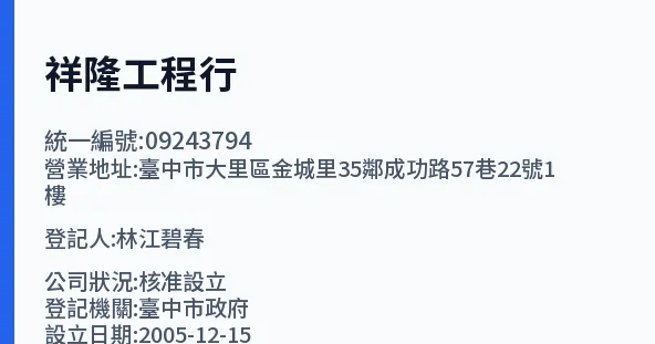 祥隆工程行的照片-統編 09243794(臺中市) 公司登記資料與營業項目詳細圖表