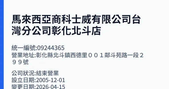 馬來西亞商科士威有限公司台灣分公司彰化北斗店的照片-統編 09244365(彰化縣) 公司登記資料與營業項目詳細圖表