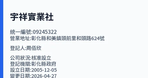 宇祥實業社的照片-統編 09245322(彰化縣) 公司登記資料與營業項目詳細圖表
