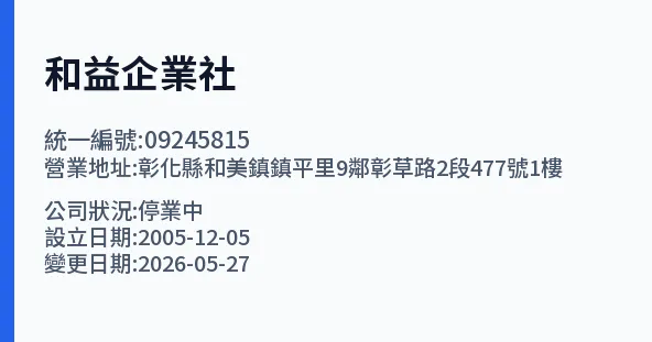 和益企業社的照片-統編 09245815(彰化縣) 公司登記資料與營業項目詳細圖表
