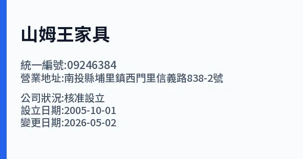 山姆王家具的照片-統編 09246384(南投縣) 公司登記資料與營業項目詳細圖表