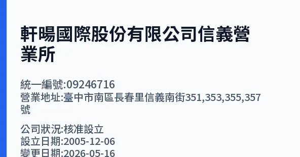 軒暘國際股份有限公司信義營業所的照片-統編 09246716(臺中市) 公司登記資料與營業項目詳細圖表