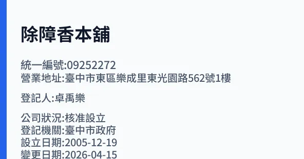 除障香本舖的照片-統編 09252272(臺中市) 公司登記資料與營業項目詳細圖表