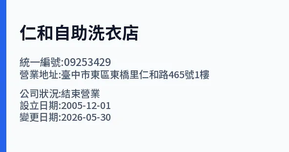 仁和自助洗衣店的照片-統編 09253429(臺中市) 公司登記資料與營業項目詳細圖表