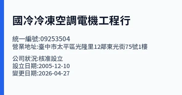 國冷冷凍空調電機工程行的照片-統編 09253504(臺中市) 公司登記資料與營業項目詳細圖表