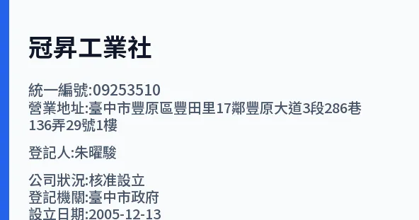 冠昇工業社的照片-統編 09253510(臺中市) 公司登記資料與營業項目詳細圖表