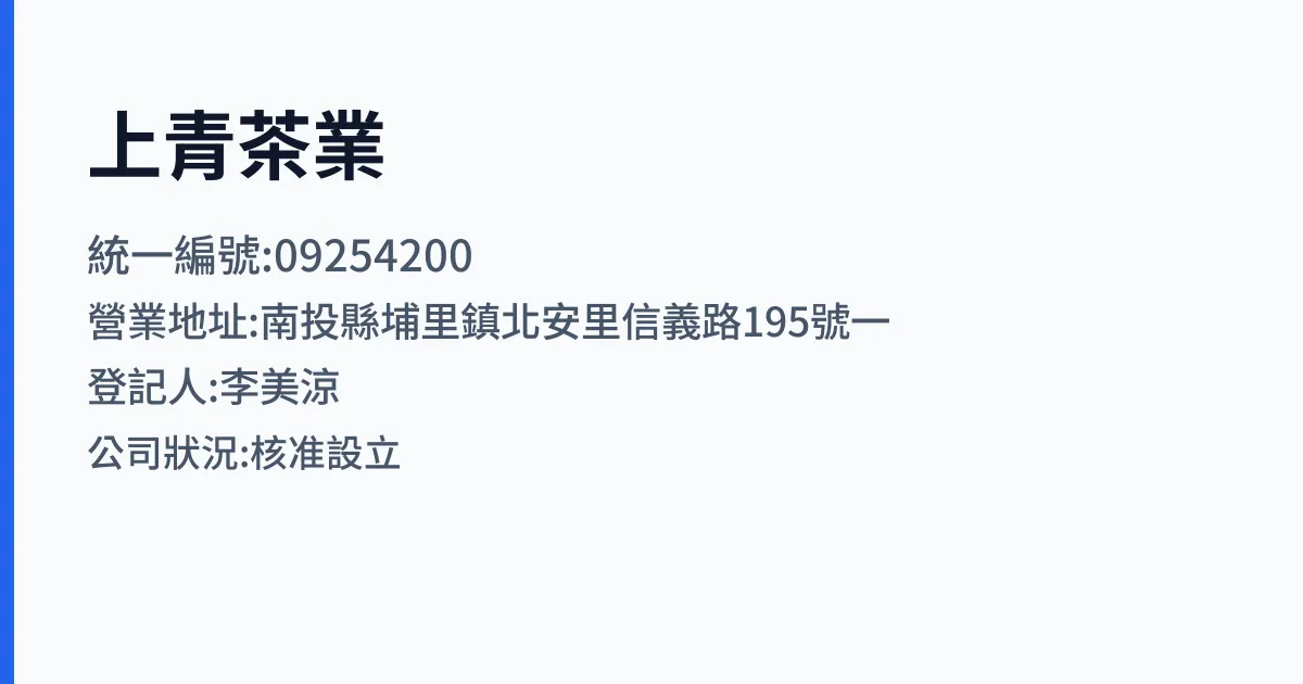上青茶業 - 統編 09254200(南投縣) 公司登記資料與營業項目詳細圖表