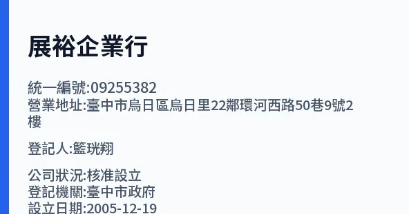展裕企業行的照片-統編 09255382(臺中市) 公司登記資料與營業項目詳細圖表
