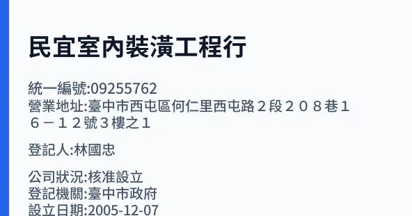 民宜室內裝潢工程行的照片-統編 09255762(臺中市) 公司登記資料與營業項目詳細圖表