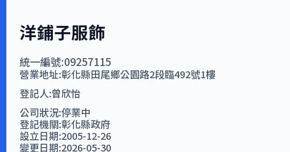 洋鋪子服飾的照片-統編 09257115(彰化縣) 公司登記資料與營業項目詳細圖表