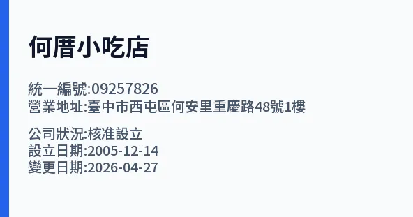 何厝小吃店的照片-統編 09257826(臺中市) 公司登記資料與營業項目詳細圖表