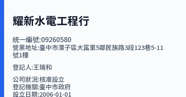 耀新水電工程行的照片-統編 09260580(臺中市) 公司登記資料與營業項目詳細圖表