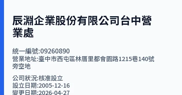 辰淵企業股份有限公司台中營業處的照片-統編 09260890(臺中市) 公司登記資料與營業項目詳細圖表