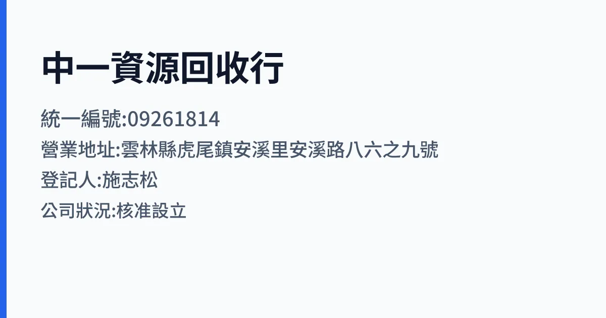 中一資源回收行 - 統編 09261814(雲林縣) 公司登記資料與營業項目詳細圖表