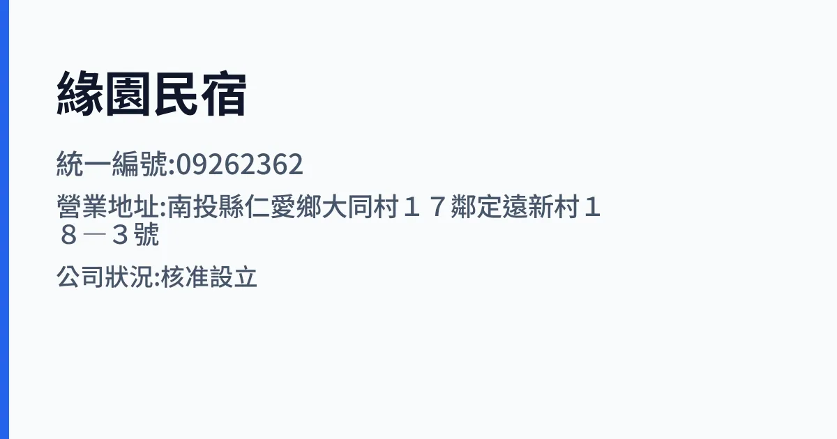 緣園民宿 - 統編 09262362(南投縣) 公司登記資料與營業項目詳細圖表