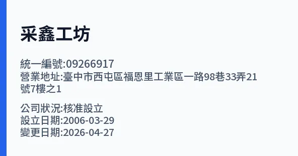 采鑫工坊的照片-統編 09266917(臺中市) 公司登記資料與營業項目詳細圖表