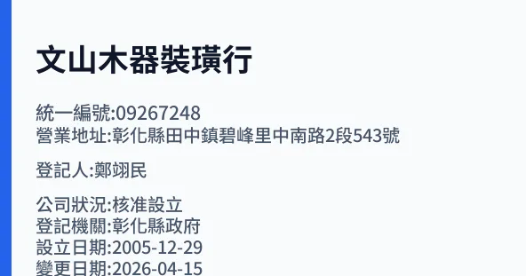 文山木器裝璜行的照片-統編 09267248(彰化縣) 公司登記資料與營業項目詳細圖表