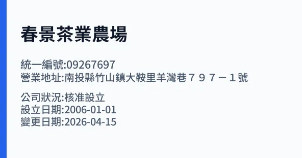春景茶業農場的照片-統編 09267697(南投縣) 公司登記資料與營業項目詳細圖表