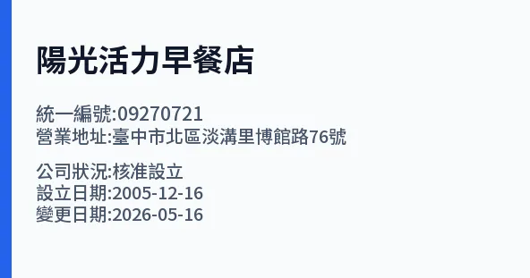 陽光活力早餐店的照片-統編 09270721(臺中市) 公司登記資料與營業項目詳細圖表