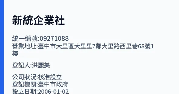 新統企業社的照片-統編 09271088(臺中市) 公司登記資料與營業項目詳細圖表
