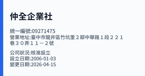 仲全企業社的照片-統編 09271475(臺中市) 公司登記資料與營業項目詳細圖表
