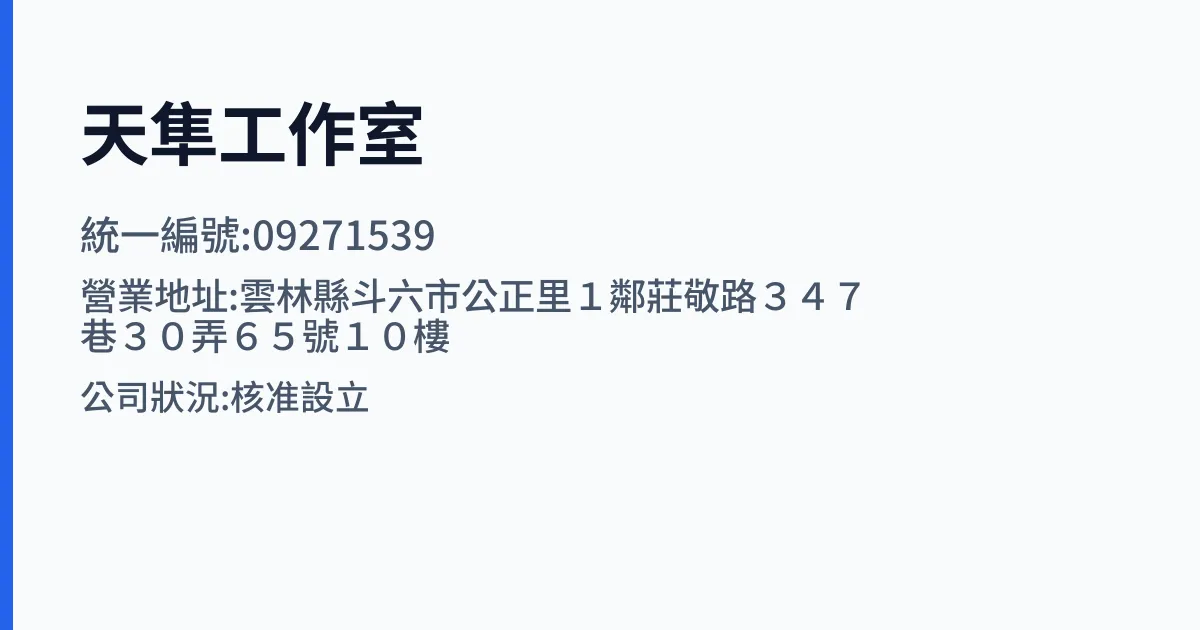天隼工作室 - 統編 09271539(雲林縣) 公司登記資料與營業項目詳細圖表