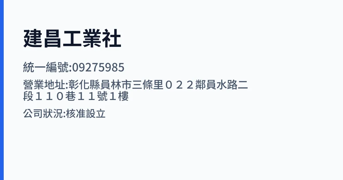 建昌工業社 - 統編 09275985(彰化縣) 公司登記資料與營業項目詳細圖表